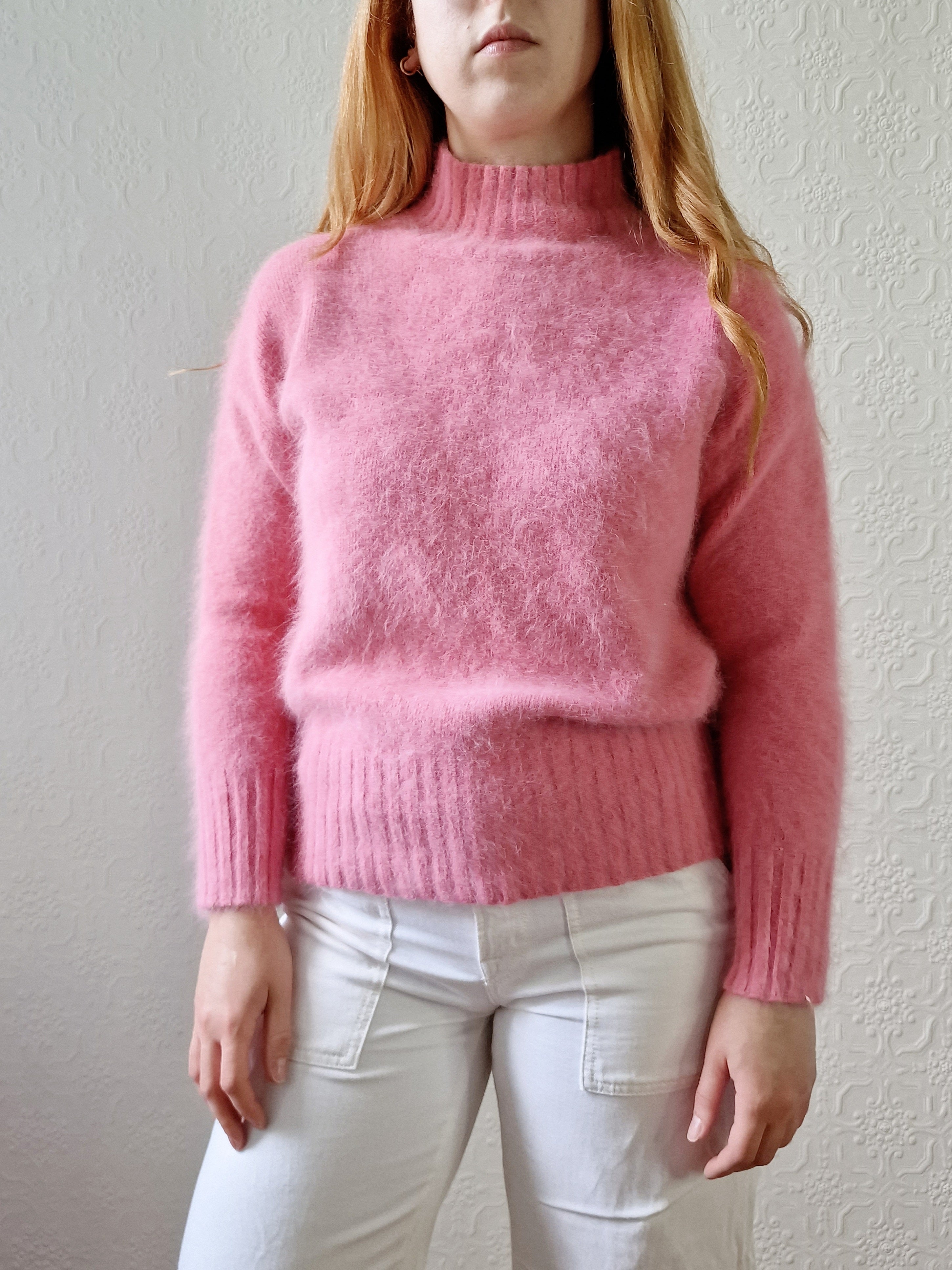 Vintage Pink Angora Jumper with High Neck - S – TORN vintage