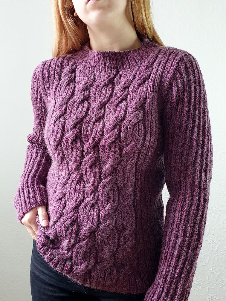 Vintage Deep Purple Crew Neck Cable Knit Thick Aran Style Jumper - S/M ...
